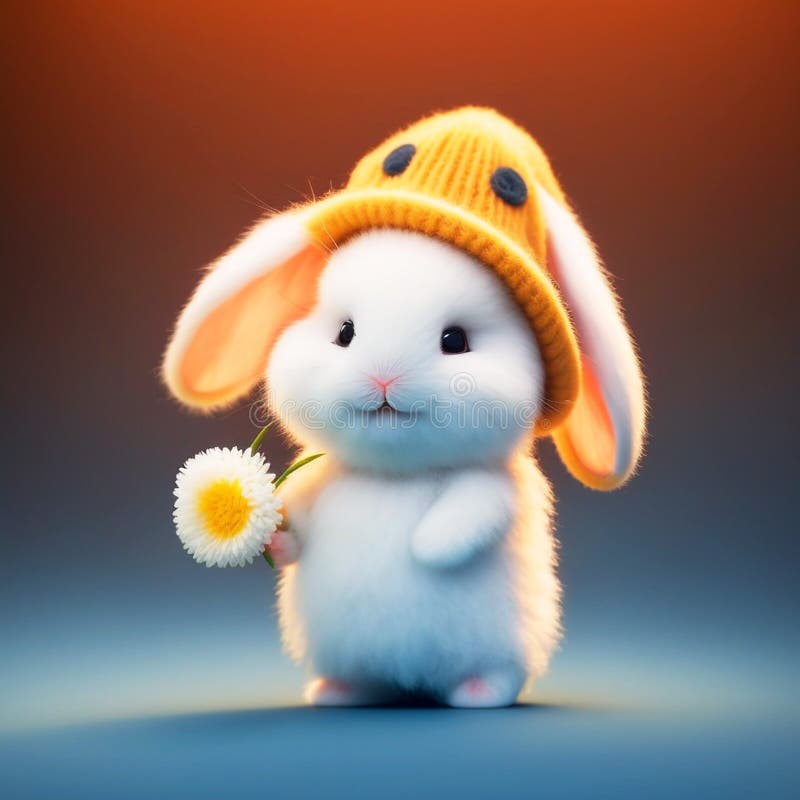 A White Fluffy Rabbit in a Yellow Knitted Hat Holds a White Daisy in ...