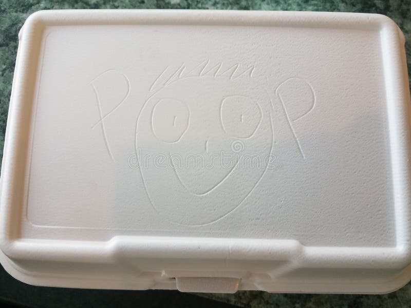 White Foam Take Out Container with the Word Poop and Face Stock Image ...