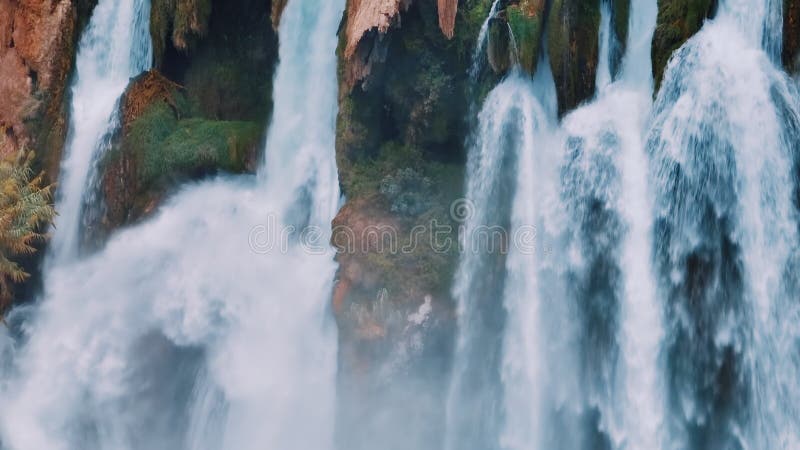 White Foamy Waterfall Flows from the Cliff. Close-up Drone View. the ...