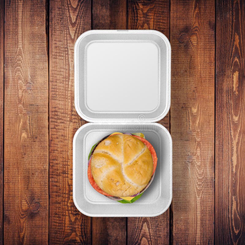 White Food Container Sticker with Burger Mockup on the Wood Table Stock ...