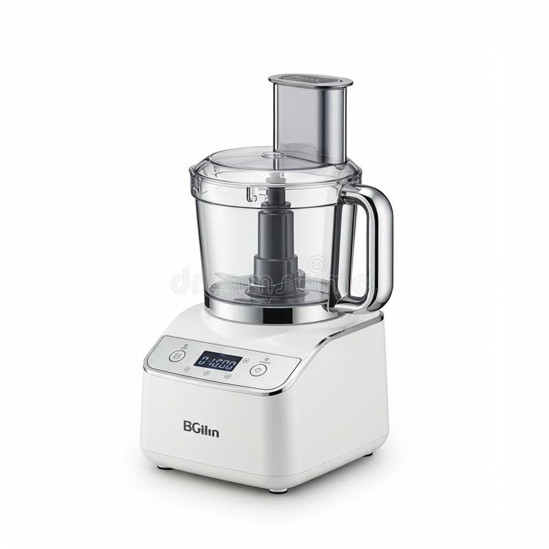 White Food Processor with a Transparent Plastic Bowl and Lid. the Base ...