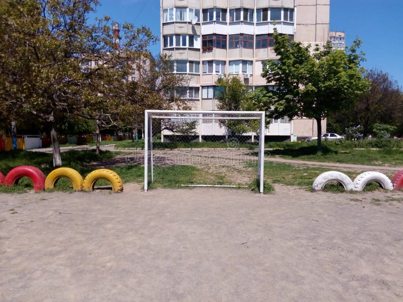 White Football Goals on the Playground with Sand Stock Image - Image of ...
