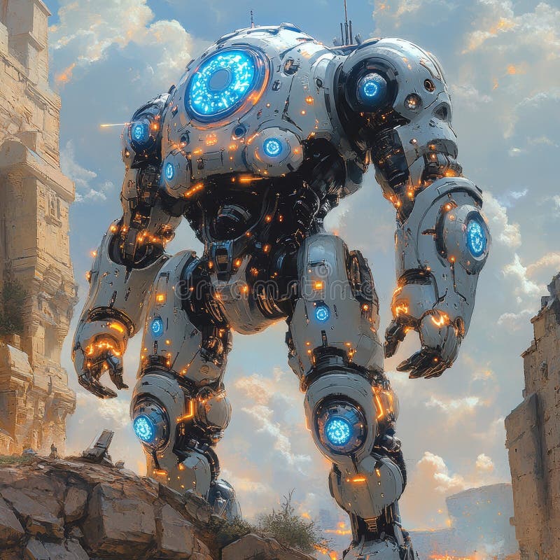 A White, Formidable Robot Stands on Rocky Terrain Against a Backdrop of ...