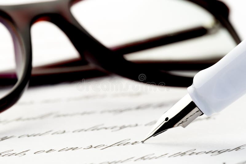 White Fountain Pen Writing a Letter, Glasses Stock Photo - Image of ...