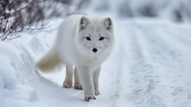 A White Fox Explores a Snowy Path Surrounded by Winter Scenery in a ...