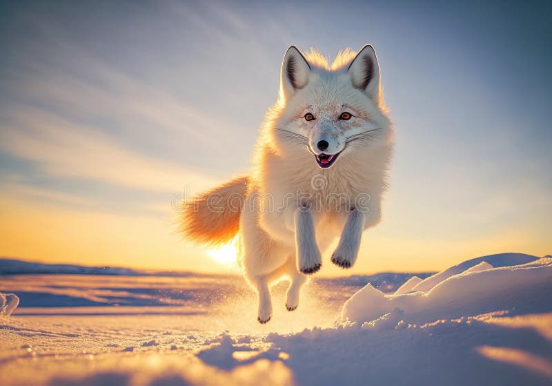White Fox Jumps on the Snow.AI Generated Illustration Stock ...