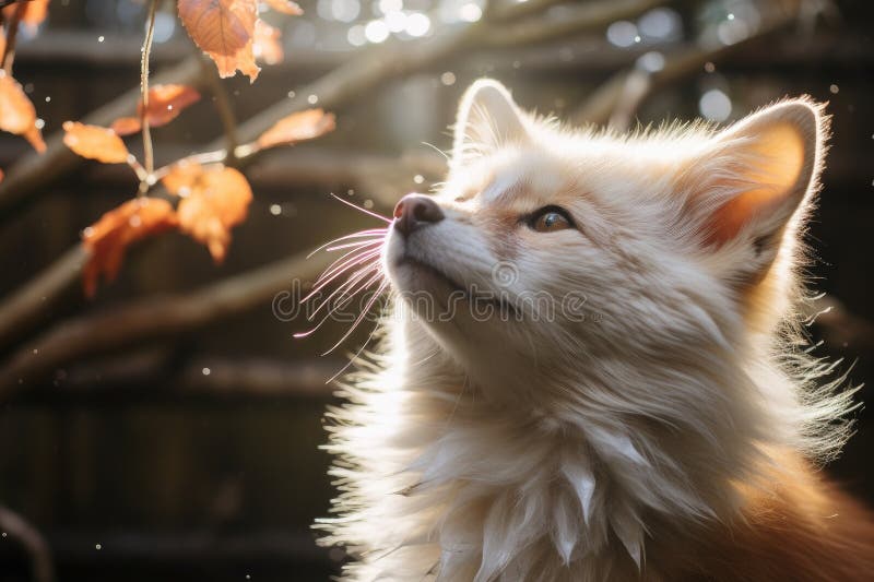 A White Fox Looking Up at Orange Leaves Stock Illustration ...