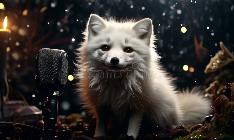 White Fox with a Microphone in a Winter-themed Setting Stock Image ...