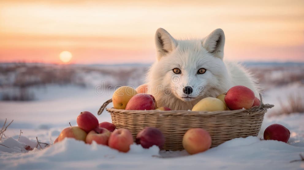 Arctic Fox with Apples in a Basket at Sunset Stock Illustration ...
