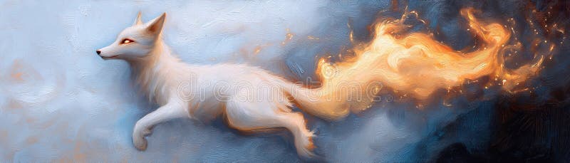 A White Fox Runs Dynamically, Its Tail Ablaze with Golden Fire. Sparks ...