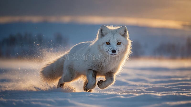 A White Fox Runs through a Snowy Landscape during Sunset, Showcasing ...