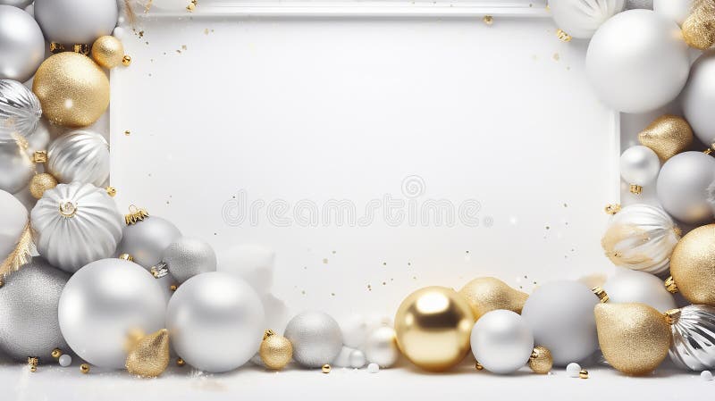White Frame Background with Gold and Silver Decorations. Minimalist and ...