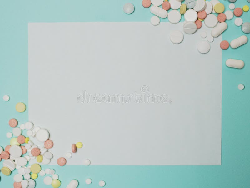 White Frame on a Blue Background with Different Pills. Background for ...