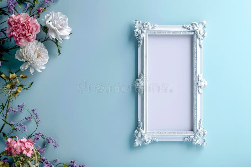 White Frame with a Blue Background and Pink Flowers Stock Photo - Image ...