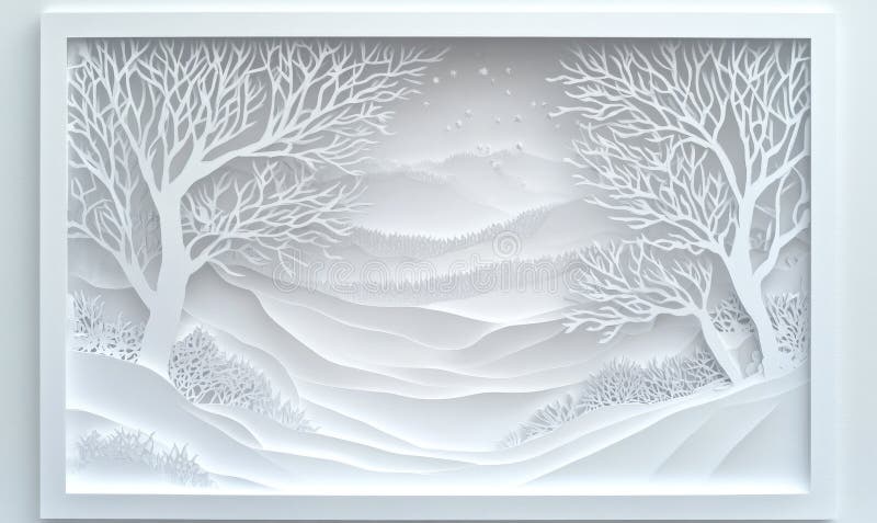 A White Frame with a Drawing of Trees and Mountains Stock Photo - Image ...
