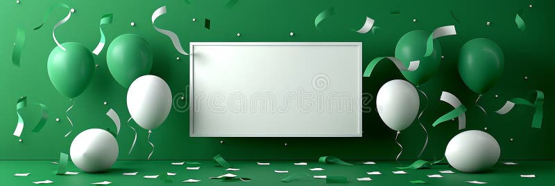 White Frame with Green and White Balloons, Confetti Streamers for ...