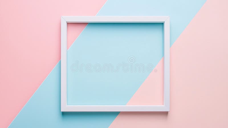 White Frame is Lying on a Pink and Light Blue Pastel Colored Background Creating a Diagonal Line ...