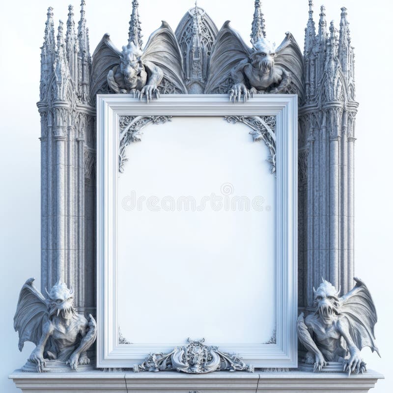 A White Frame with a Picture of a Dragon and Two Other Creatures Stock ...
