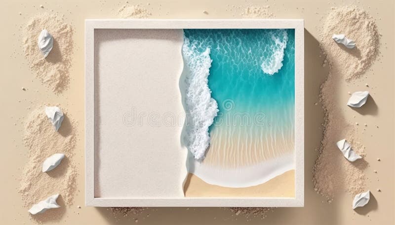 White Frame with Sea Sand, Sea Water and Waves and Place for Text ...