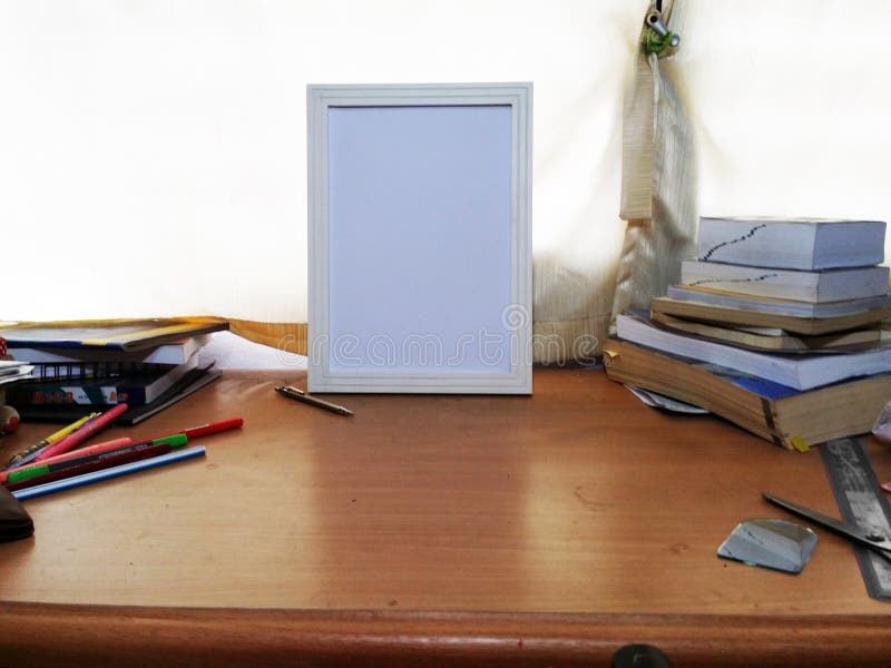 White Frame on the Study Oak Table Position 2 Stock Image - Image of ...