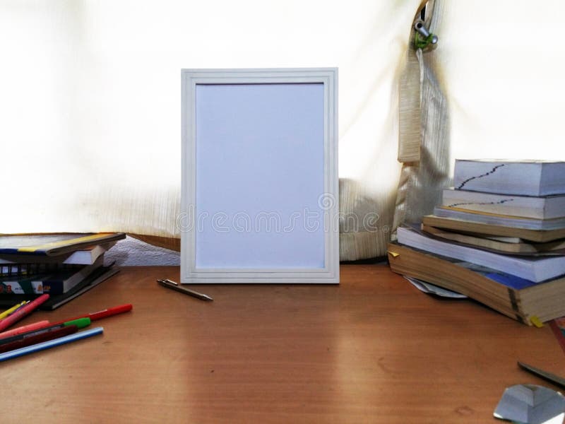 White Frame on the Study Oak Table Position 1 Stock Photo - Image of ...
