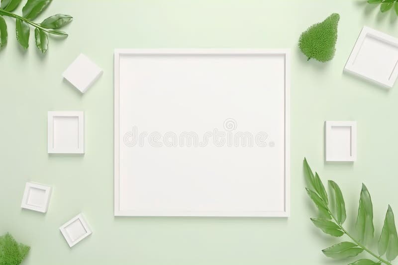 A White Frame Surrounded by Green Leaves and White Square Frames on a ...