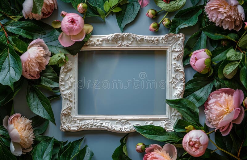 White Frame Surrounded by Pink and White Peonies and Green Leaves on ...