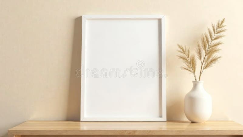White Frame for Text Mockup with White Vase and Ears of Dry Wheat in it ...