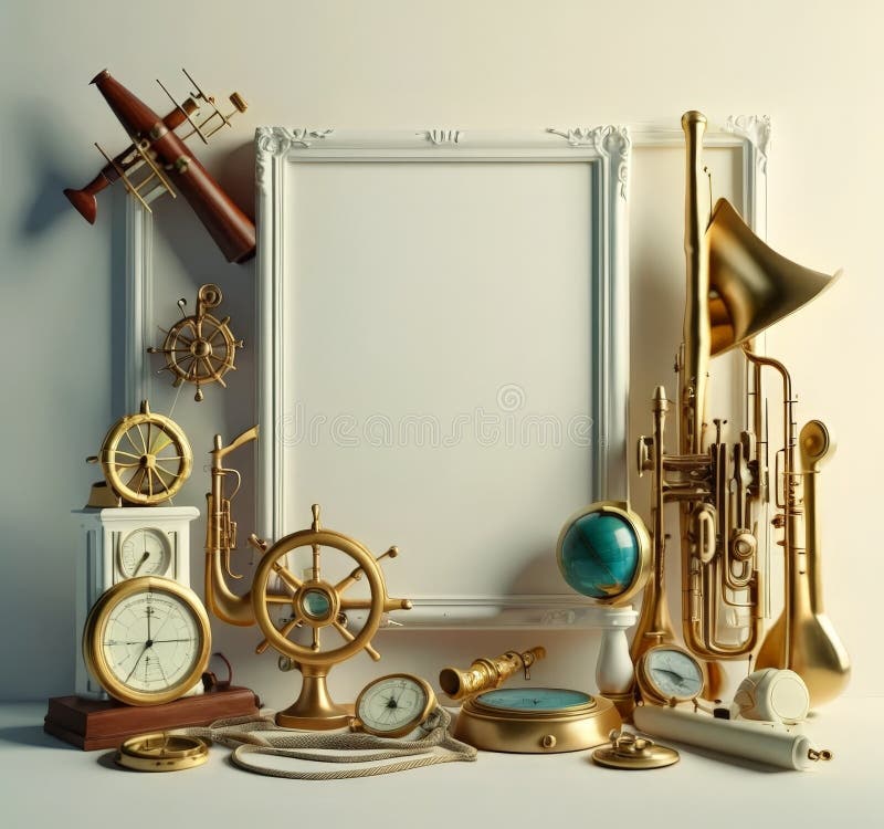 White Frame with Various Musical Instruments and Clock Stock ...