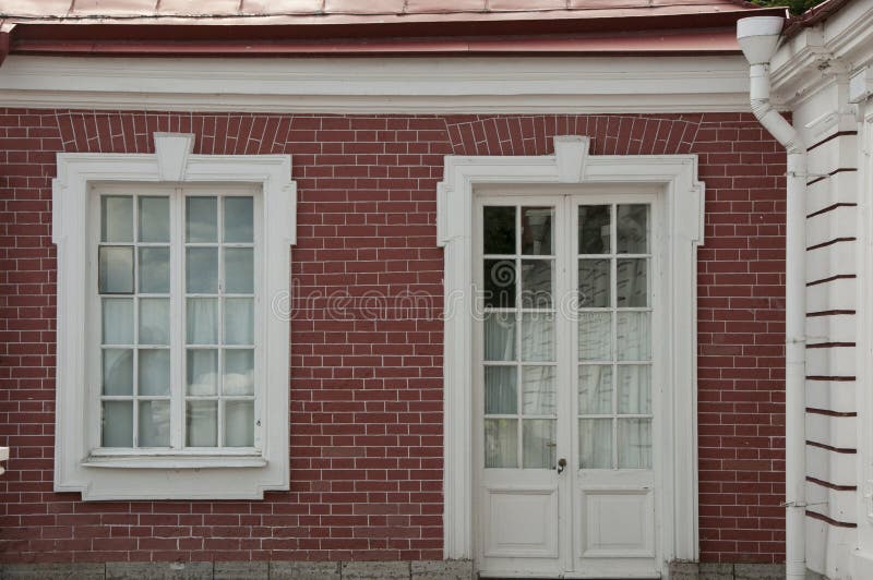 Red Framed Windows in Log House Wall Architecture Stock Photo - Image ...
