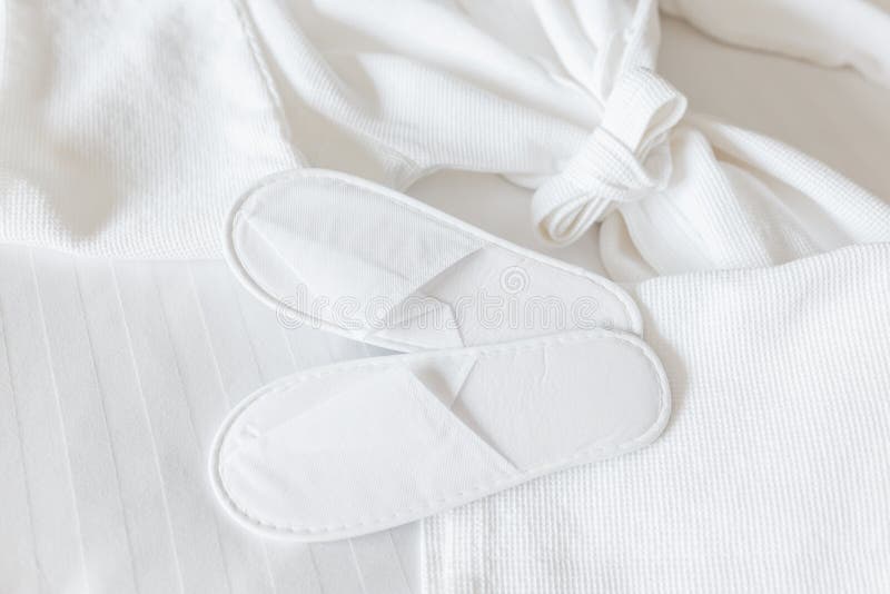 White and Fresh Bathrobe and Slippers, Top View Stock Photo - Image of ...
