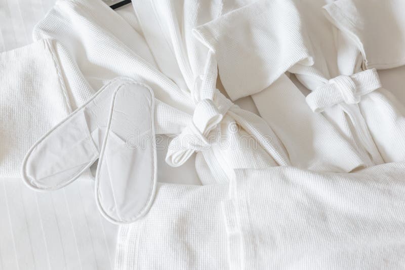 White and Fresh Bathrobe and Slippers, Top View Stock Image - Image of ...