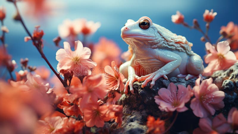 White Frog Sitting on a Branch with Pink Flowers in the Background ...