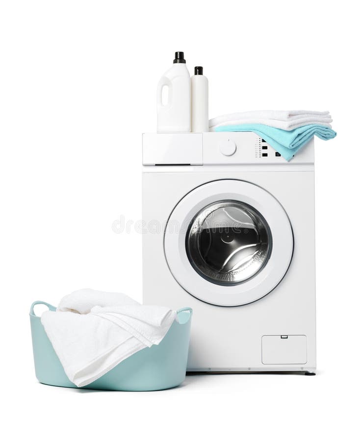 White Front Load Washing Machine with Laundry Basket and Clean Clothes ...