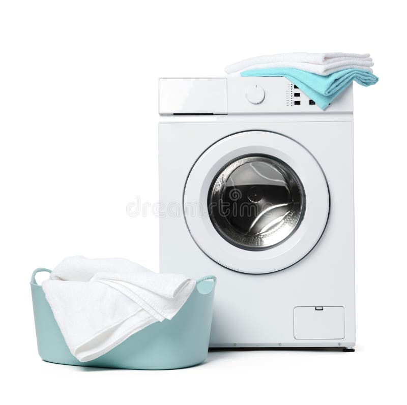 White Front Load Washing Machine with Laundry Basket and Clean Clothes ...