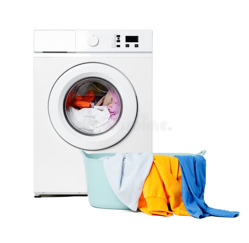 White Front Loading Washing Machine with Open Door and Laundry Stock ...