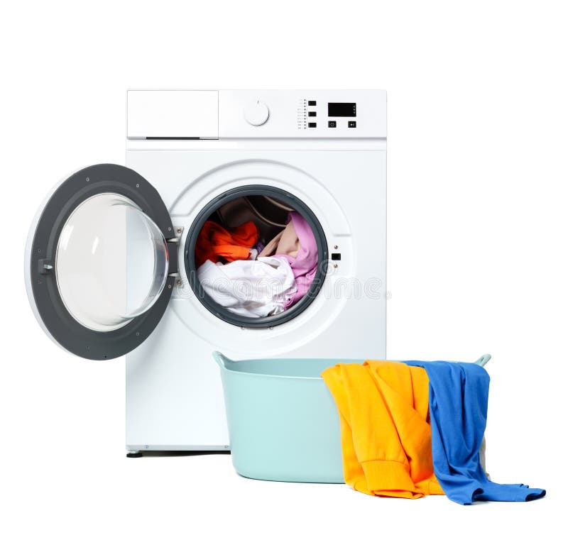White Front Loading Washing Machine with Open Door and Laundry Stock ...