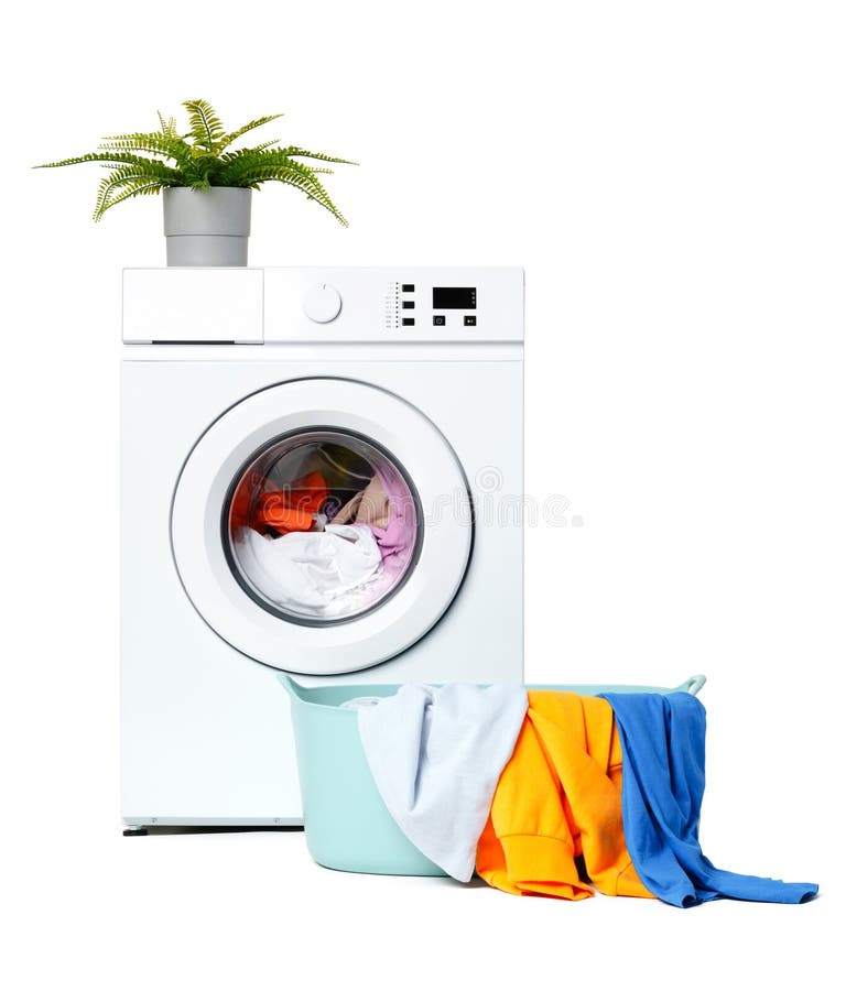 White Front Loading Washing Machine with Open Door and Laundry Stock ...
