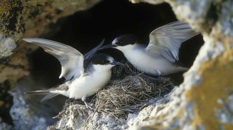 White-fronted Terns Interacting in Their Nest Inside Rocky Cavity Stock ...