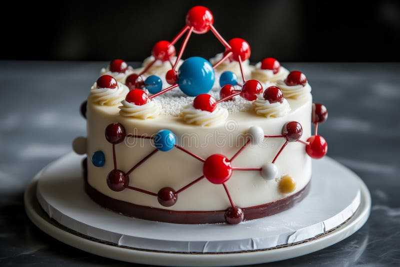 White Frosted Cake Decorated with a Molecular Structure Made of Red ...