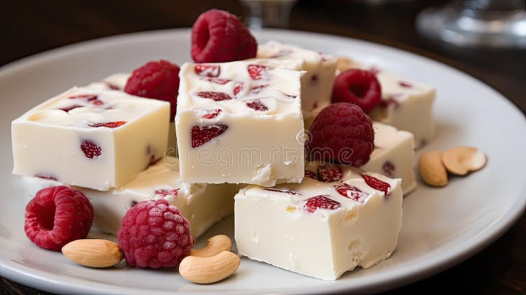 White Fudge and Raspberry Divinity on Plate Stock Illustration ...