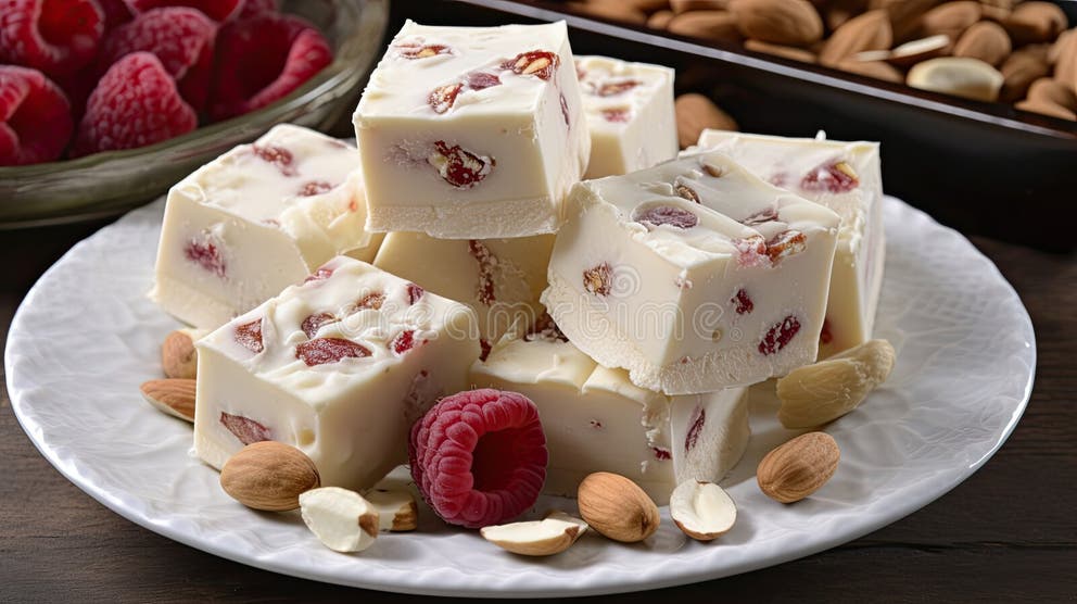 White Fudge and Raspberry Divinity on Plate Stock Illustration ...