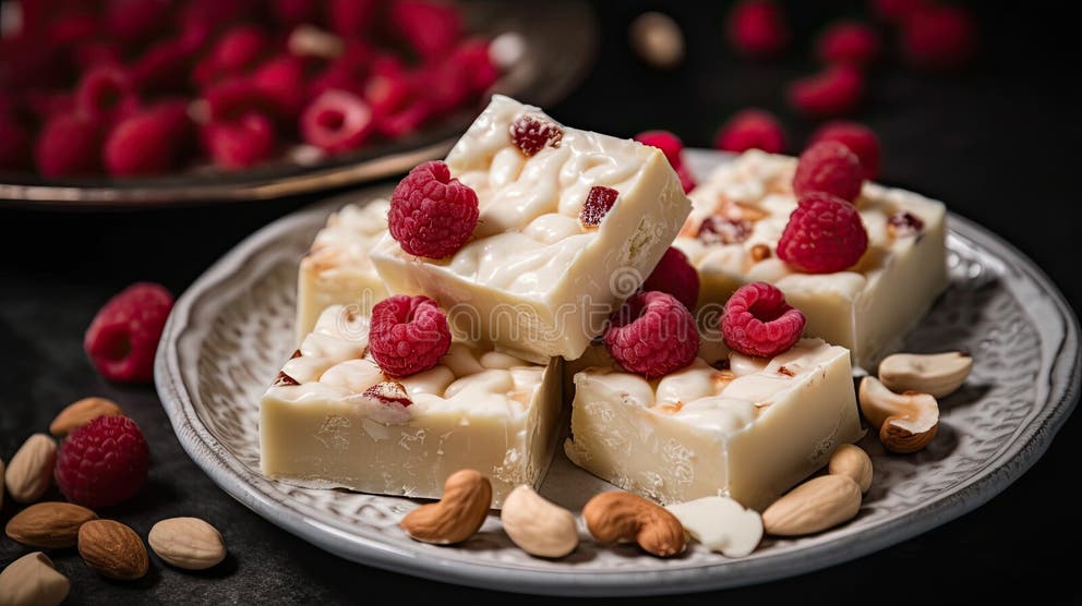 White Fudge and Raspberry Divinity on Plate Stock Illustration ...