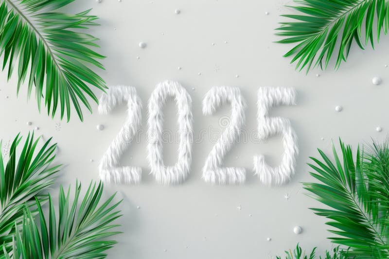 White Fur Numbers 2025 with Green Tropical Leaves on White Background ...