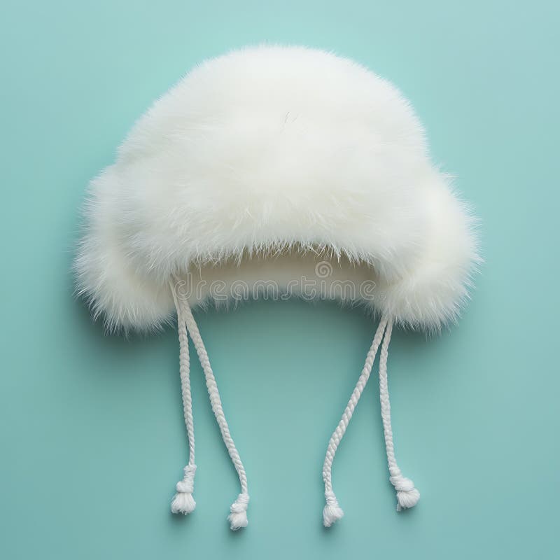 White Fur Ushanka Hat with Laces on Turquoise Background. Stock Photo ...