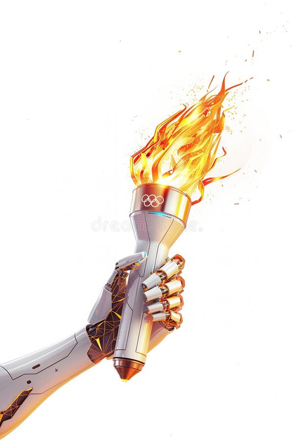 White Futuristic Bionic Hand Holding Olympic Torch with Burning Flame ...