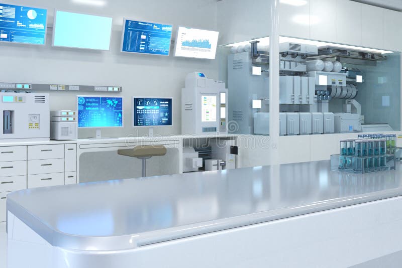 White Futuristic Digital Laboratory with Machine, Computer Screen and ...