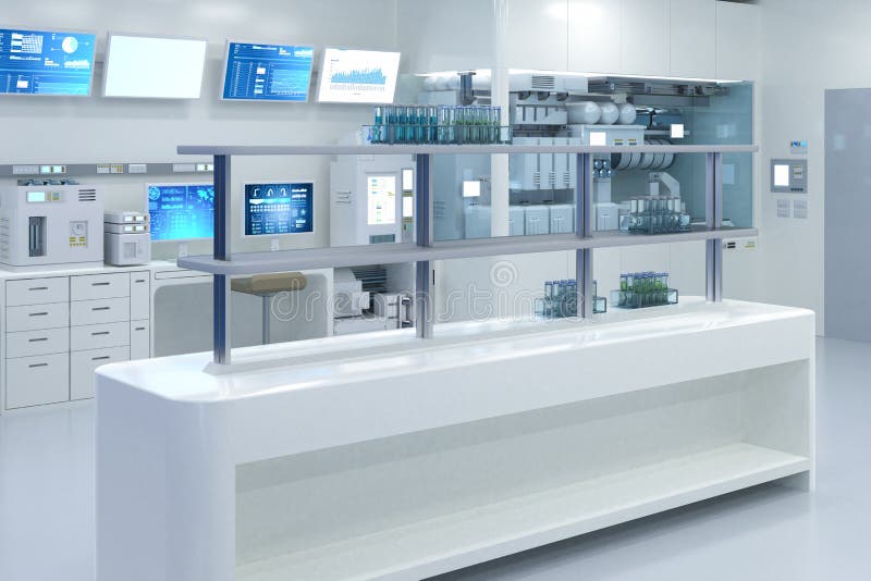 White Futuristic Digital Laboratory with Machine, Computer Screen and ...