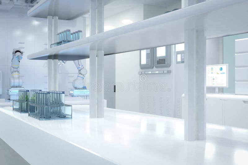 White Futuristic Digital Laboratory with Machine, Computer Screen and ...