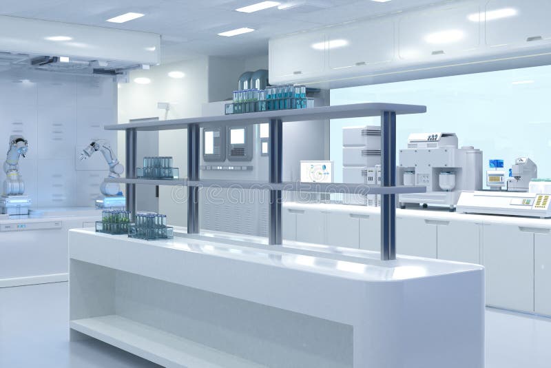 White Futuristic Digital Laboratory with Machine, Computer Screen and ...